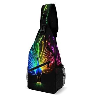 Generic Sacoche Tactique Peinture de paon Rainbow noir mignon Casual Sac Bandouli&egrave;re R&eacute;glable Sac &agrave; Dos De Voyage pour &eacute;cole Homme Femme