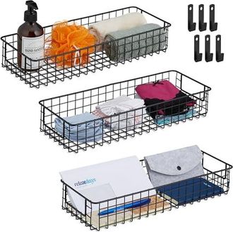 Relaxdays Drahtkorb 3er Set, Wand, Aufbewahrungskorb, HxBxT: 7,5 x 41 x 16 cm, Metallkorb, Griffe, Allzweckkorb, schwarz