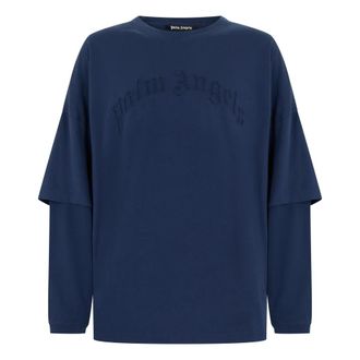 Palm Angels Curved Logo Double Long-Sleeved T-shirt - - Tops - Herren - Blau - S