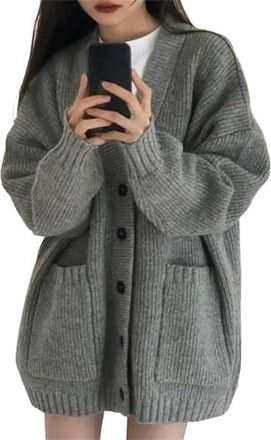 Generic Cardigan dhiver pour femme - Manches longues - Col en V - Style d&eacute;contract&eacute;, Gris, taille unique