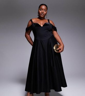 Asos Curve - Robe mi-longue avec jupe &eacute;vas&eacute;e et empi&egrave;cements en velours - Noir