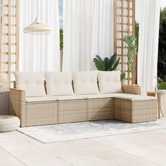vidaXL 5-tlg. Garten-Sofagarnitur mit Kissen Beige Poly Rattan - Vidaxl