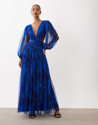 Lace & Beads Robe longue en tulle avec d&eacute;collet&eacute; plongeant et dos nu - Bleu de cobalt fleuri-Multi
