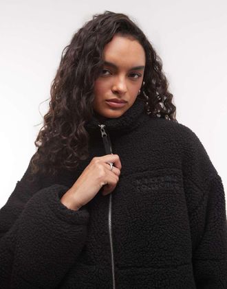 Asos Weekend Collective Teddy-gepolsterte Jacke mit Stehkragen in Schwarz