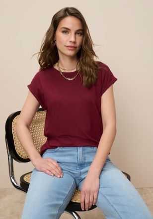 Tamaris T-Shirt TAMARIS, Damen, Gr. 42, rot (bordeaux), Single Jersey, Obermaterial: 95% Viskose, 5% Elasthan, unifarben, Basic, regular fit h&uuml;ftbedeckend, Ru