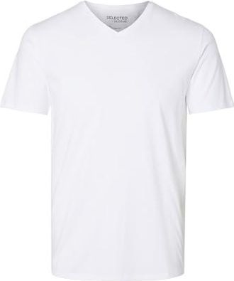 Selected T-Shirt Selected à col en V pour Homme | T-Shirt Basique uni à Manches Courtes SLHNEWPIMA | Coton Stretch, Blanc (Blanc éclatant), XXL