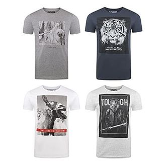 Riverso RIVFritz Lot de 4 t-shirts pour homme &agrave; col rond et manches courtes en coton avec impression animale, bleu, blanc, gris, vert, tailles S, M, L, XL, XX