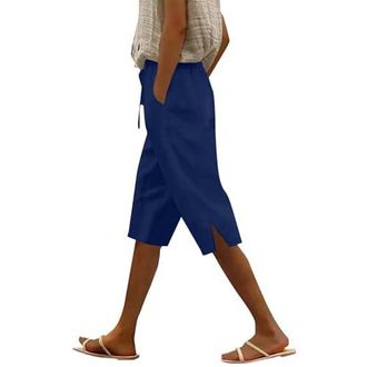 Generic Pantalon Femme Court Coton en Lin Droit &Eacute;t&eacute; Pants Grande Taille Taille Haute Confortable L&eacute;gers Coton Lin Pant Fluide Mode De Loisirs Ample Solide Cou
