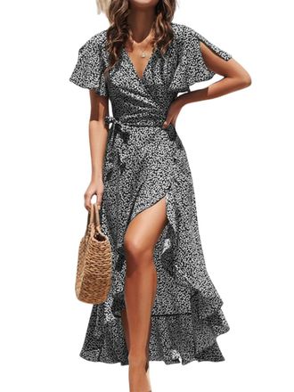 Cupshe Damen Kleid V Ausschnitt Kurzarm High Low Wickelkleid Rüschensaum Lange Freizeitkleider Sommer Strand Maxi Dress Schwarz Blumenmuster XS