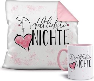 Tassendruck Geschenkset für die Weltbeste Nichte - Tasse und Kissen - Altrosa/Verwandte/Geschenk-Idee/Liebling/Familie