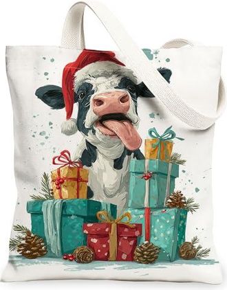 Generic Sacs fourre-tout en toile de vache de No&euml;l, motif animal rustique, sacs d&eacute;picerie r&eacute;utilisables, l&eacute;gers et lavables avec bandouli&egrave;re, Blanc, 13x15 Inc