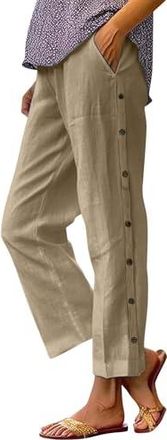 Generic Pantalon d&eacute;t&eacute; 3/4 en mousseline pour femme - Pantalon d&eacute;t&eacute; l&eacute;ger en lin - Avec poches - D&eacute;contract&eacute; - Pantalon en tissu &eacute;lastique et confortable - Pou