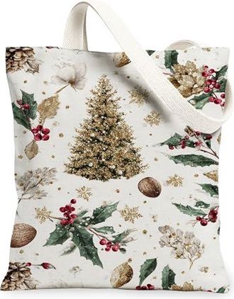 Generic Sacs fourre-tout en toile pour sapin de No&euml;l, motif floral, sacs d&eacute;picerie r&eacute;utilisables, vintage, l&eacute;gers, lavables avec bandouli&egrave;re Ca, blanc, 13x15 