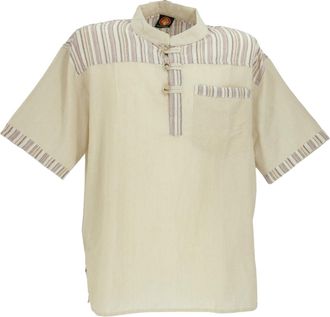 Guru Shop Nepal Fischerhemd, Gestreiftes Goa Hippie Kurzarmhemd - Leinenfarben, Herren, Baumwolle, Size:3XL