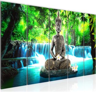 Runa Art Wandbild XXL Buddha Wasserfall Wohnzimmer Schlafzimmer 200 x 80 cm Blau Grün 5 Teilig - Made in Germany - 503555b