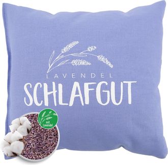 herbalind Lavendelkissen 20x20 cm - Duftkissen mit Lavendelblüten und Schafschurwolle, Baumwollbezug mit Aufdruck Schlafgut, Farbe Lavender Blue, Kräuterkissen 