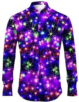 Generic Chemises de Noël pour homme à manches longues, t-shirt de Noël boutonné à manches longues moche imprimé graphique fantaisie festival vacances fêtes dé