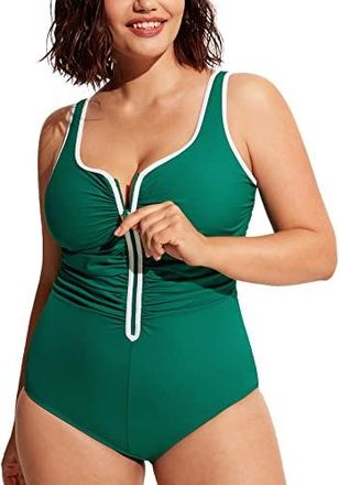 Delimira Femme Maillot de Bain 1 Pièce Grande Taille Fermeture à Glissière Devant Vert Verdoyant 56