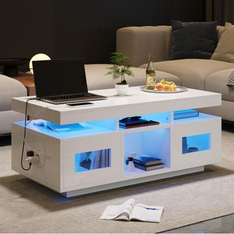 Merax Couchtisch Wei&szlig;, Wohnzimmertisch Hochglanz mit LED Beleuchtung, Beistelltisch Kaffeetisch mit Schrank & Offene Stauf&auml;cher, Sofatisch mit Ladeanschluss