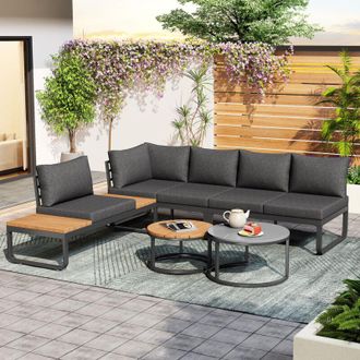 STILVORA Salon de Jardin avec 2 Canap&eacute;s 2 Places, 1 Fauteuil avec Tablettes et 2 Tables Basses Empilables, pour 4 &agrave; 5 personnes, Fer, Gris