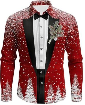 Generic Chemise fantaisie de Noël pour homme, imprimé en 3D, faux smoking avec motif flocon de neige, arbre à neige, chemises à manches longues, pour dîner, b
