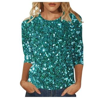 Generic Costume de f&ecirc;te 2026 pour femme - Col rond d&eacute;contract&eacute; - T-shirt &agrave; manches 3/4 - Imprim&eacute; &agrave; paillettes - Longueur 3/4 (7), vert menthe, XXL