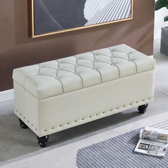 Generic Gepolsterte Aufbewahrungsbank Mit Knopfheftung for Bett, Eingangsbereich, Wohnzimmer(Khaki,100x40x45cm)