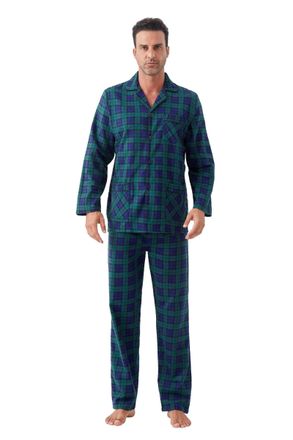 Global Herren Schlafanz&uuml;ge Flanell Herren Pyjama Set Baumwolle Langarm-Pullover Oberteil und elastische Unterteile mit Kordelzug Weich Bequem Gr&uuml;n XL