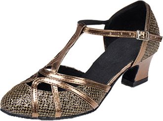MGM-Joymod Damen T-Starp Geschlossene Zehenpartie Glitzer Synthetik Abend Hochzeit Tango Ballsaal Modern Latin Tanzschuhe, Brauner Absatz 5 cm,35.5 EU