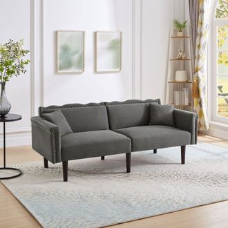 Generic Schlafsofa 2 Sitzer Leinen mit Nieten-Design Couch mit Schlaffunktion Splitback Verstellbar 6 Holzbeine Stabil Inkl. 2 Kissen G&auml;stebett Kleine R&auml;ume S