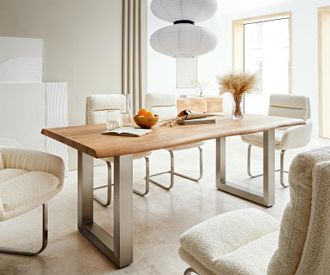 DELIFE Esstisch Edge 180x90 XL Akazie Natur Edelstahl Breit Live-Edge, Esstische, Baumkantenm&ouml;bel, Massivholzm&ouml;bel, Massivholz