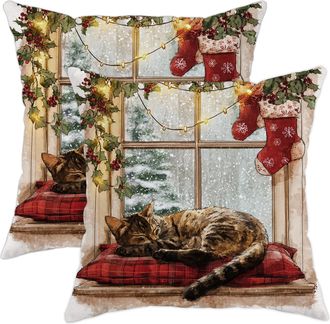 Generic Kissenbezug mit Katzenmotiv, gem&uuml;tlicher Weihnachtsstrumpf mit Stechpalme, Weihnachten, weicher Samt, waschbar, quadratisch, f&uuml;r Wohnzimmer, Wohnung, 