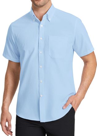 Hisdern Herren Oxford Hemden Kurzarm Bügelfrei Baumwolle Hellblau Kleiderhemd Business Herren Button Down Hemd Regular Fit Sommerhemd mit Tasche, 3XL