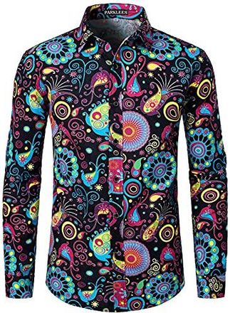PARKLEES Chemise boutonnée à manches longues en coton pour homme style disco rétro des années 70, multicolore, Taille XL