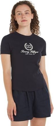 Tommy Hilfiger T-Shirt Manches Courtes Femme Slim Flag Tee Col Ras-du-Cou, Bleu (Desert Sky), XS