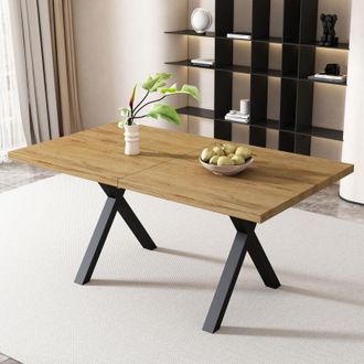 Liberte Table &agrave; manger 140x80 cm pieds crois&eacute;s m&eacute;tal noir, plateau ch&ecirc;ne MDF, style industriel