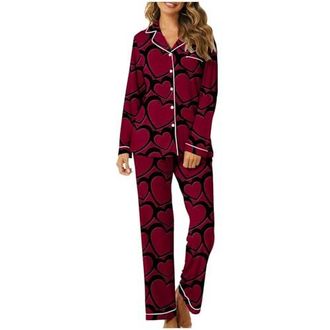 Generic 2026 Ensemble de pyjama pour femme pour la Saint-Valentin 2026 avec boutons &agrave; manches longues pour la Saint-Valentin, Rouge, L