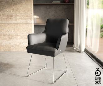 DELIFE Esszimmerstuhl Heira-Flex mit Armlehnen Echt-Leder Schwarz Kufengestell Edelstahl Taschenfederkern, Esszimmerst&uuml;hle