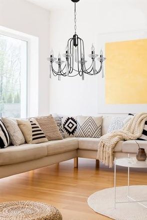 Opviq Elegant Black Chandelier, Metal Body with Crystal Stone & Glass, 65 cm Diameter, 85 cm Height, Adjustable, E14 Socket, Max 40W | Modern Lighting for H