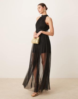 Lace & Beads Robe longue en tulle &agrave; encolure am&eacute;ricaine et jupe transparente - Noir