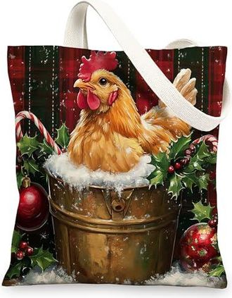Generic Sac fourre-tout en toile r&eacute;utilisable avec motif poules de No&euml;l pour faire du shopping, 33 x 38,1 cm, sac d&eacute;picerie r&eacute;utilisable pour femme, peinture 