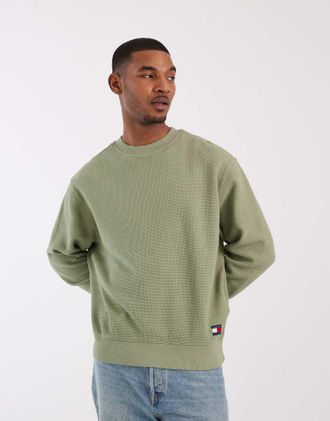 Tommy Jeans Locker geschnittenes Sweatshirt in Khaki mit Waffelstruktur-Gr&uuml;n