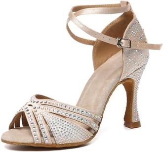 Minitoo Chaussures de danse latine pour femme avec perles de cristal strass Chaussures de mariage, L640 Nude Talon 9 cm, 34.5 EU