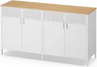 Songmics Buffet de Rangement en Acier, Armoire &agrave; Double Porte pour Salon, Fermeture Magn&eacute;tique, M&eacute;tal, Blanc et Ch&ecirc;ne