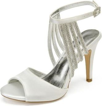 Generic Satin Chaussures De Mariage Sandales À Talons Hauts Femmes Mariée Bout Ouvert Dress Fête Stylet 10.5Cm,Ivoire,38 EU