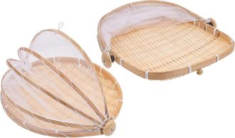 BESTONZON 2 Stücke Bambus Obstkorb Essen Fliegenhaube Gemüsekorb Lebensmittel Abdeckung Haube Korb mit Fliegenschutz Weidenkorb Servierkorb Abdeckhaube Bambusko