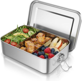Arendo Lunchbox Edelstahl - Brotdose 1400 ml - mit Fächern - zwei entnehmbare Trennwände - auslaufsicher dank Silikondichtung - Metall lebensmittelecht - Kin