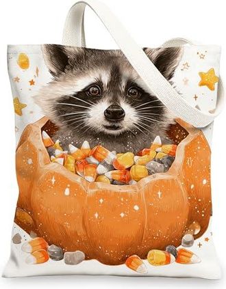 Generic Sacs fourre-tout en toile de raton laveur, réutilisables, légers et lavables avec bandoulière, Blanc, 13x15 Inch