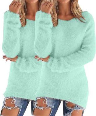 Generic Lot de 2 pulls au crochet pour femme - Couleur unie - Chaud - Doublé en polaire - Manches longues - Col rond - Doux et confortable - Pull ample - Pour