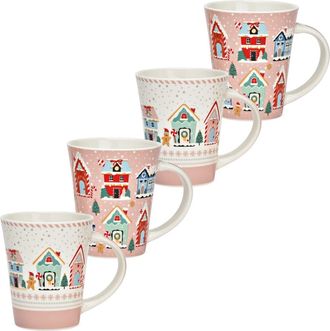Matches 21 4er Set Weihnachtsbecher aus Porzellan 350 ml Tassen mit Stadthäuser-Motiven - Kaffeetassen Weihnachtsdorf Motiv für die Weihnachtszeit - Spülmaschine